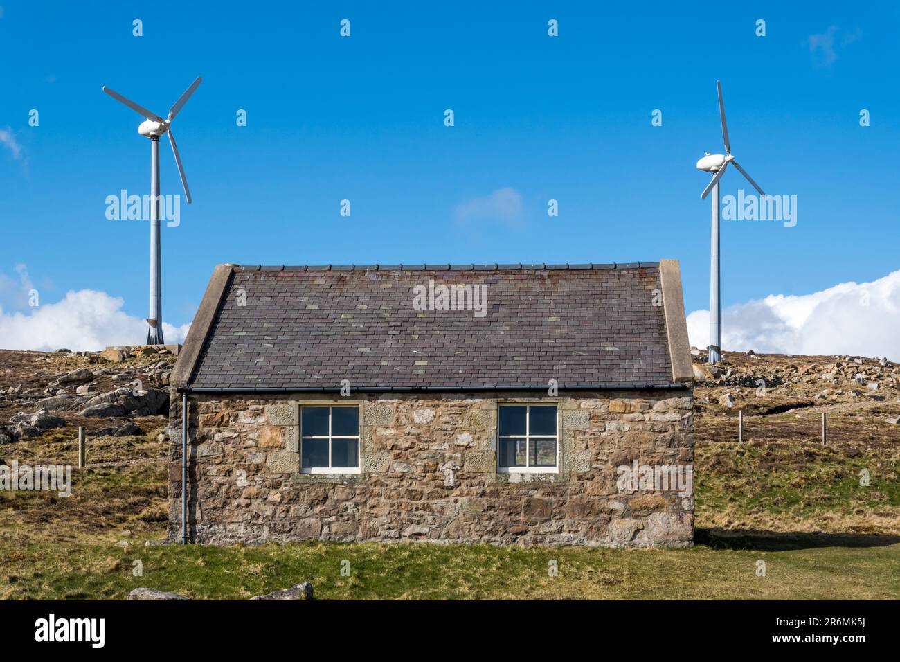 Wind turbines and Culswick Methodist Church on Shetland Mainland Stock ...