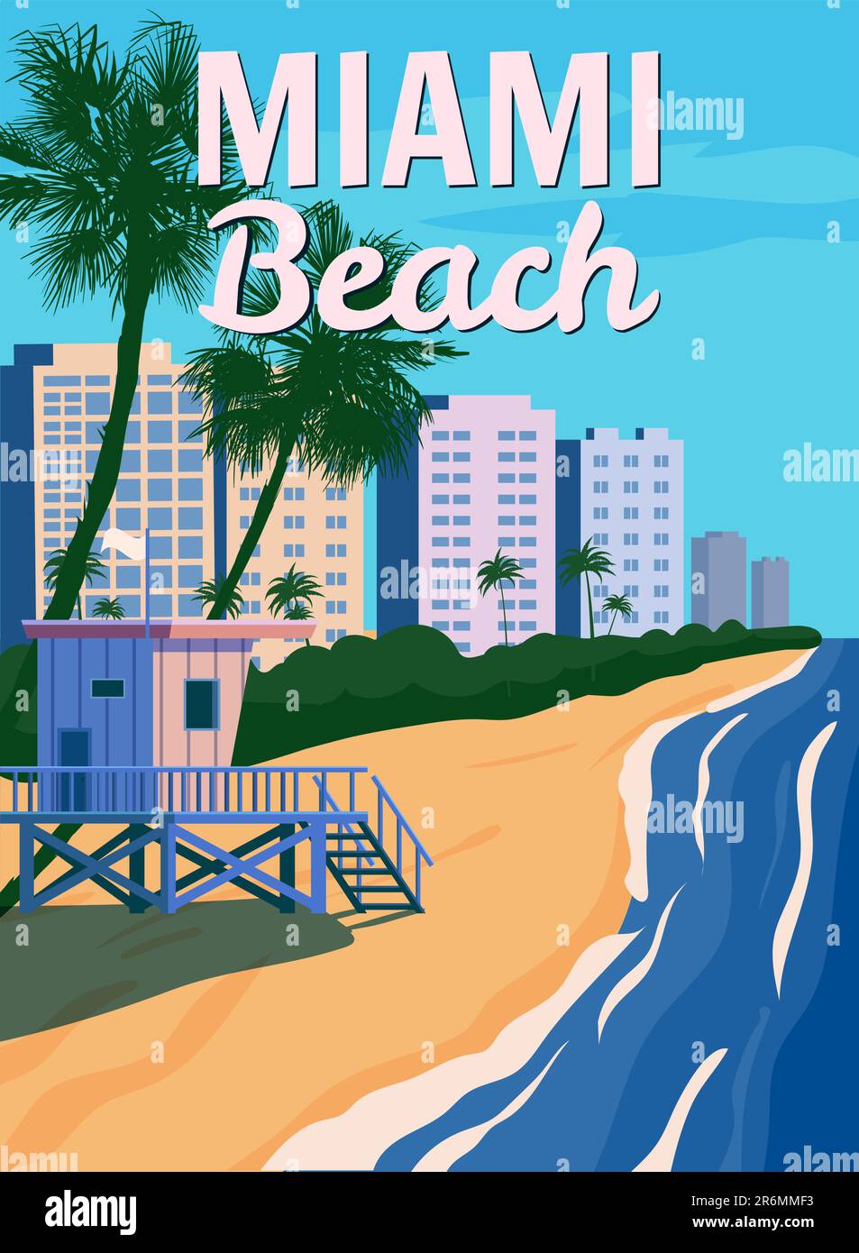 Miami Beach, City Skyline, Retro Poster. Lifeguard house, coast, surf ...