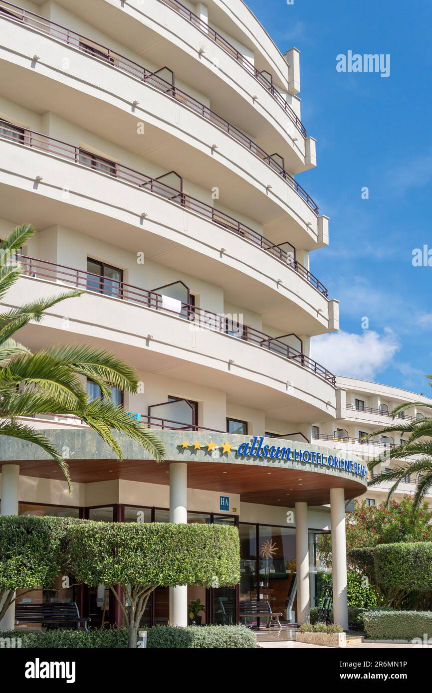 Sa Coma, Spain; june 03 2023: Main facade of the hotel Allsun Orient ...