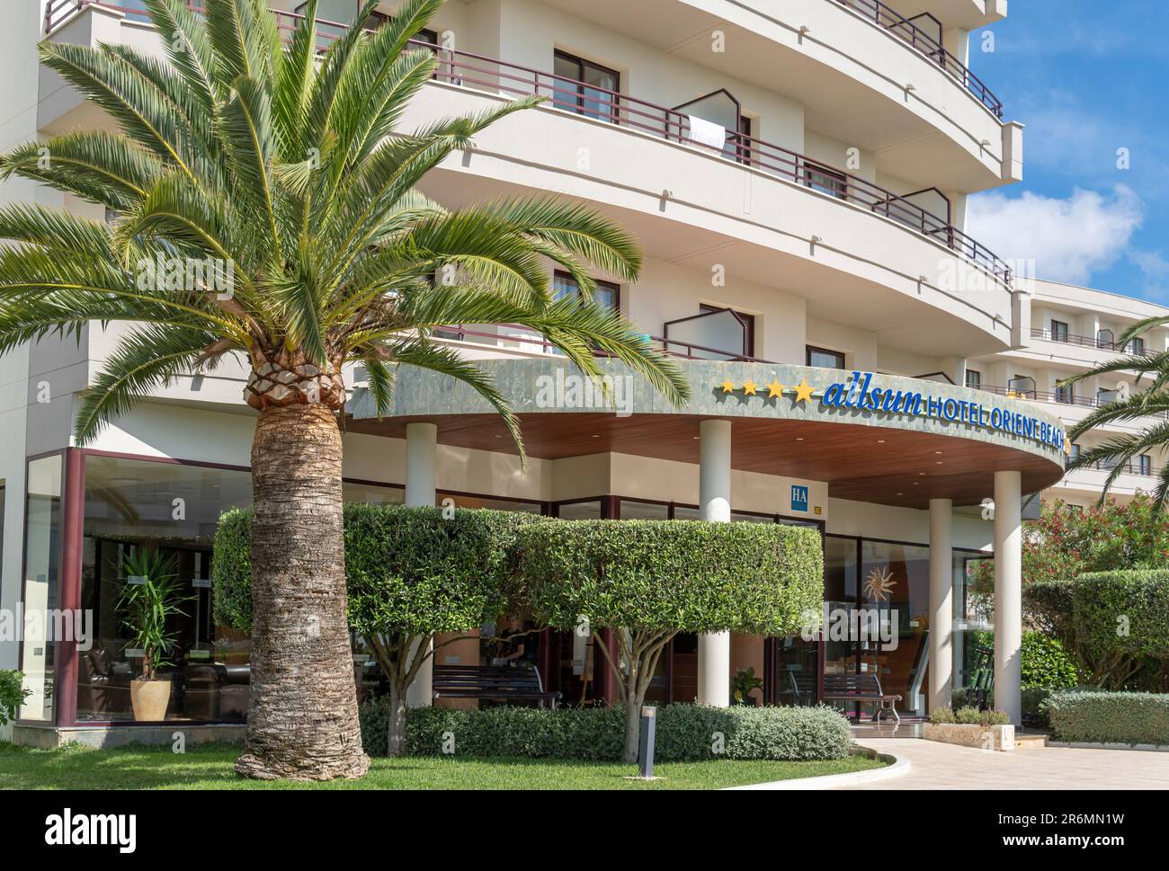 Sa Coma, Spain; june 03 2023: Main facade of the hotel Allsun Orient ...