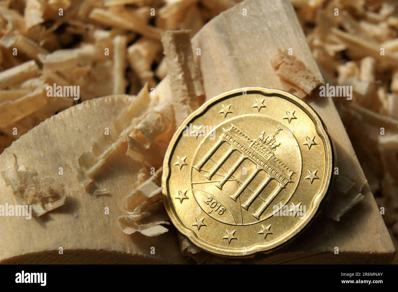 European currency. German 20 euro cent coin in a carpenter's workshop ...