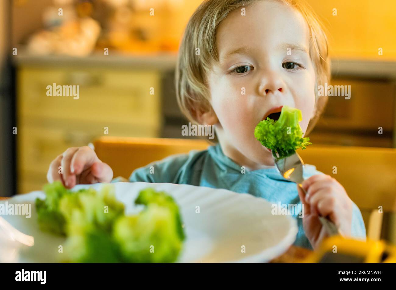 Cute little toddler boy eating broccoli. First solid foods. Fresh ...