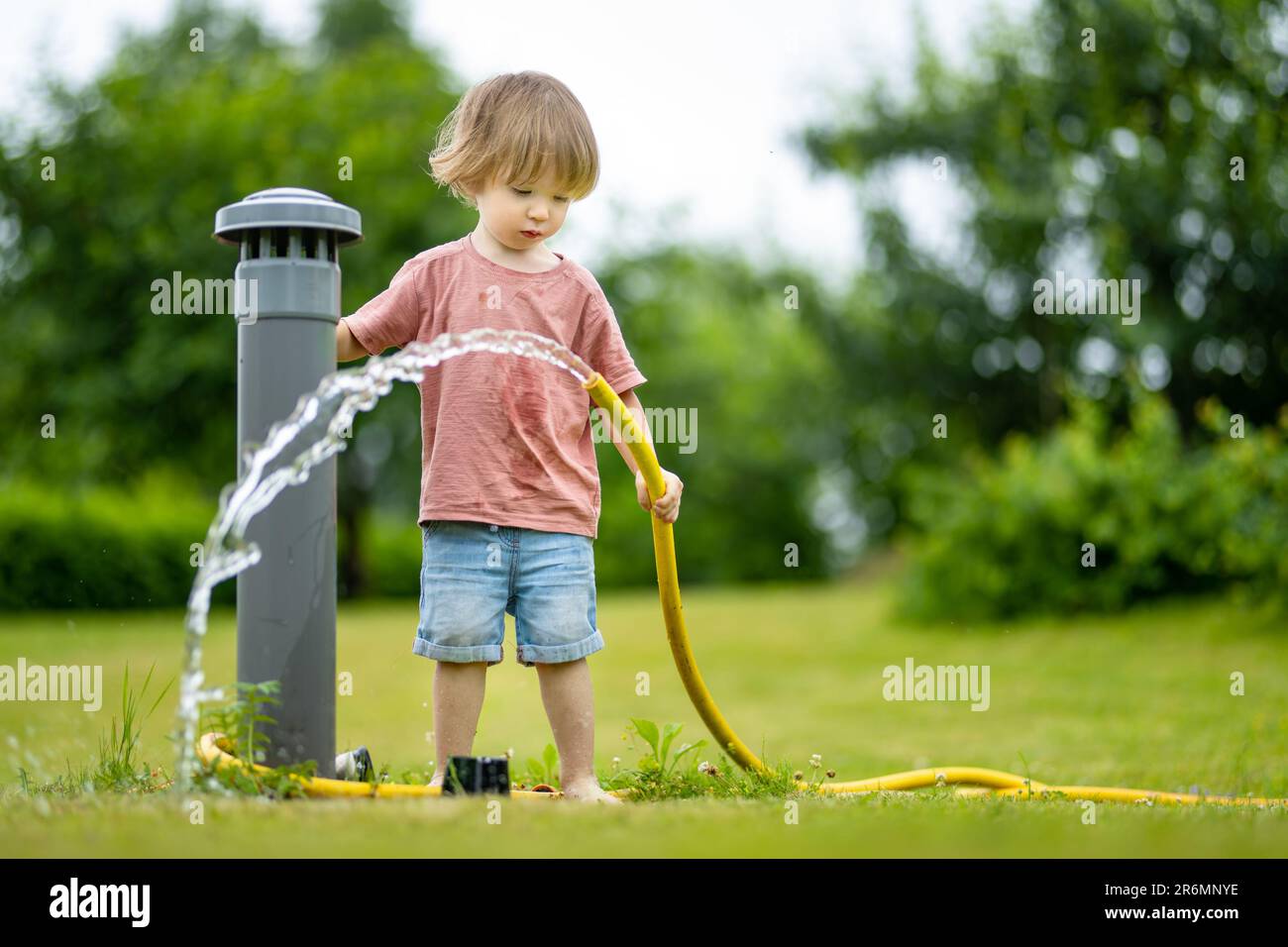 Cute toddler boy watering flower beds in the garden at summer day ...