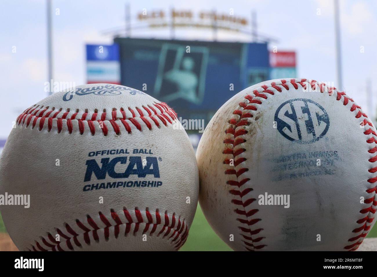 Baton Rouge, LA, USA. 10th June, 2023. Game balls are displayed prior ...