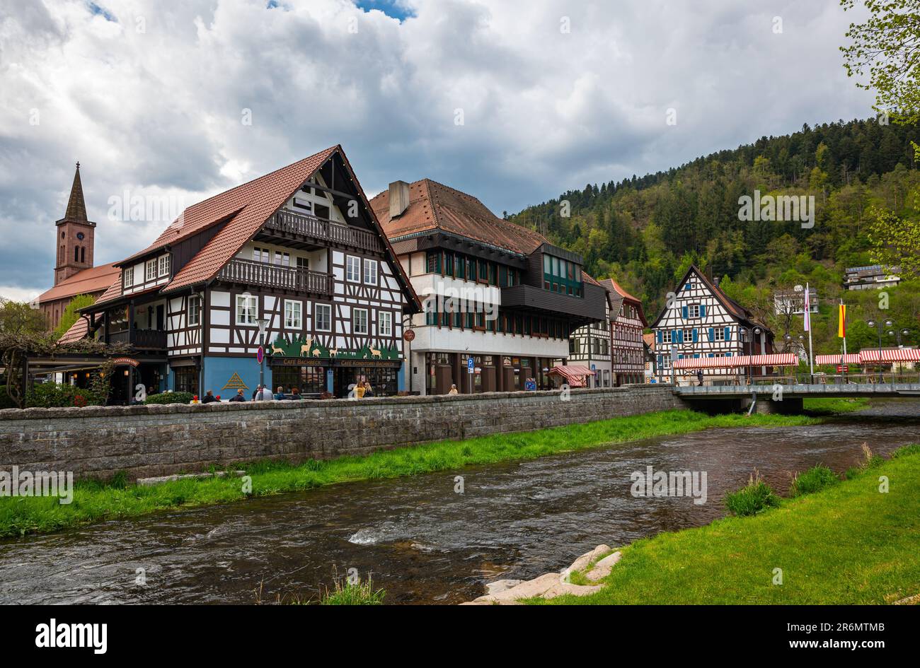 Scenic view of typical traditional german houses along a the river ...