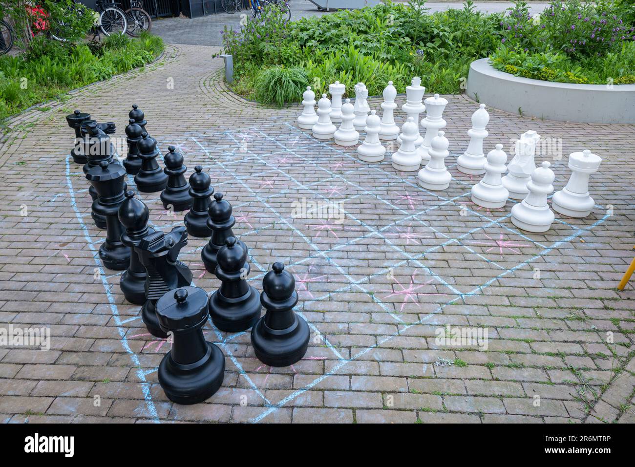 Large white and black chess pieces on a chess board drawn on the ground ...