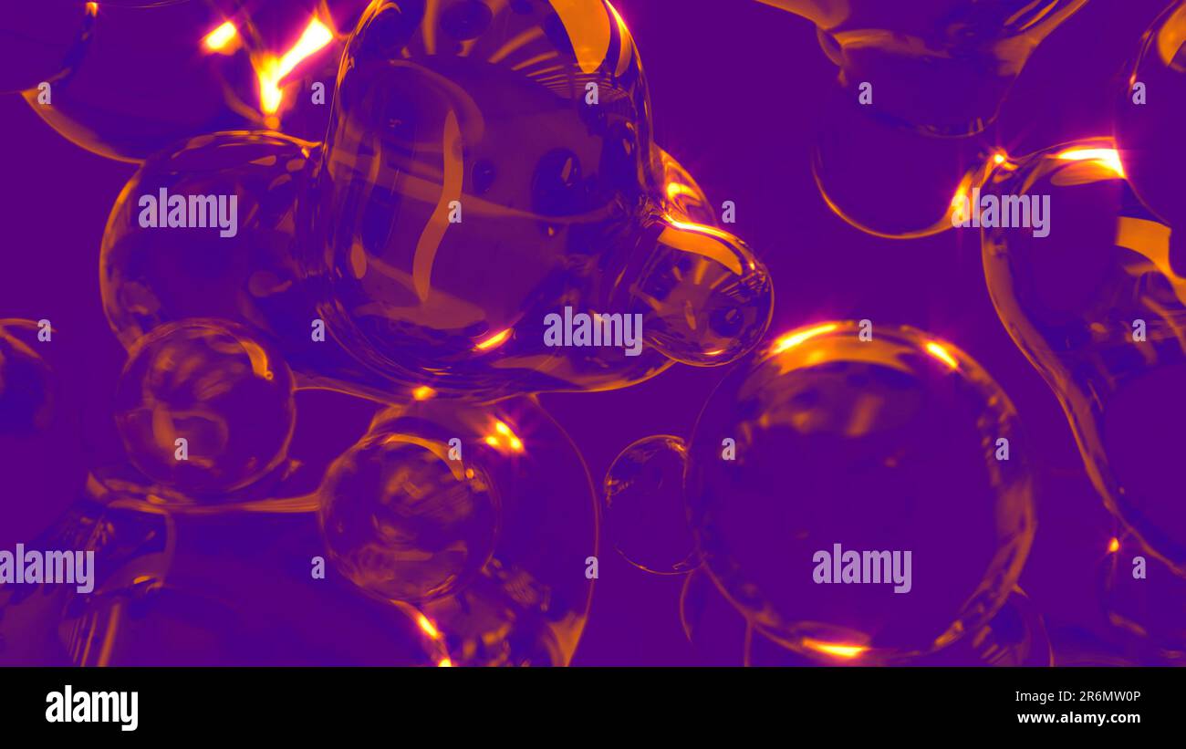 goldish transpicuous fluid spheres floating on purple bg - abstract 3D ...