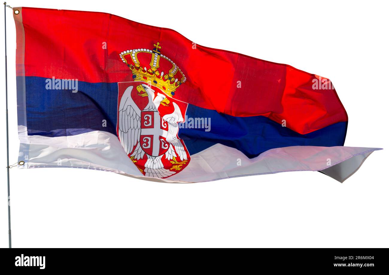 Serbian flag flying on white Stock Photo - Alamy