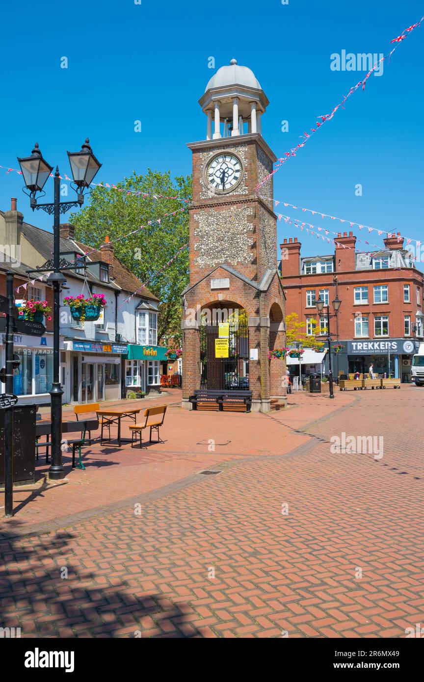 View of Market Square and clock tower, Chesham town centre ...