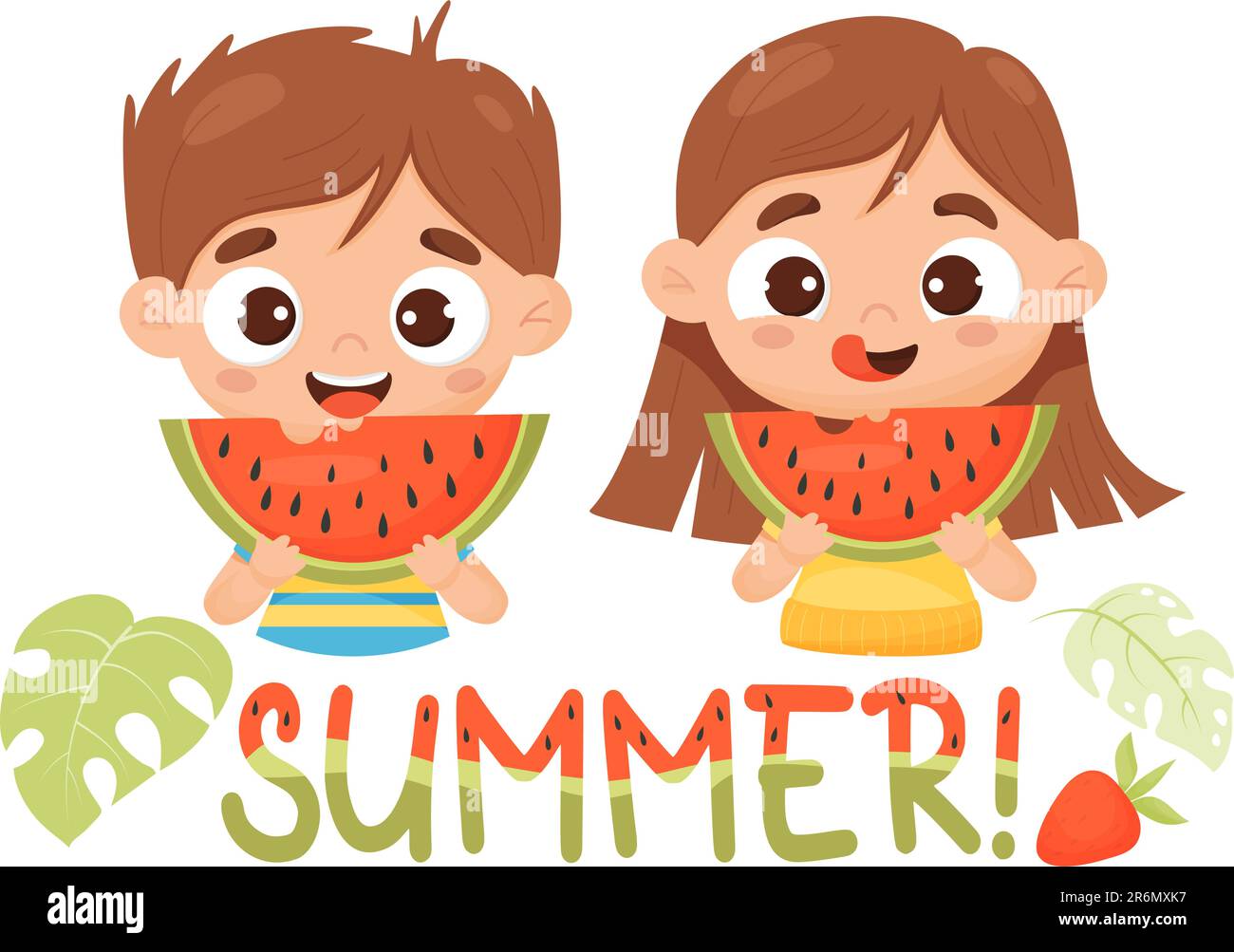 Happy girl and boy with watermelon. Summer postcard with cute cartoon ...