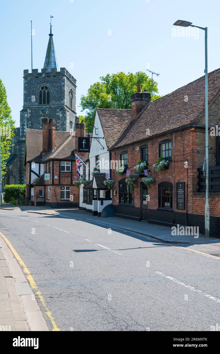 View along Church Street towards St Mary's church and The Feathers pub ...