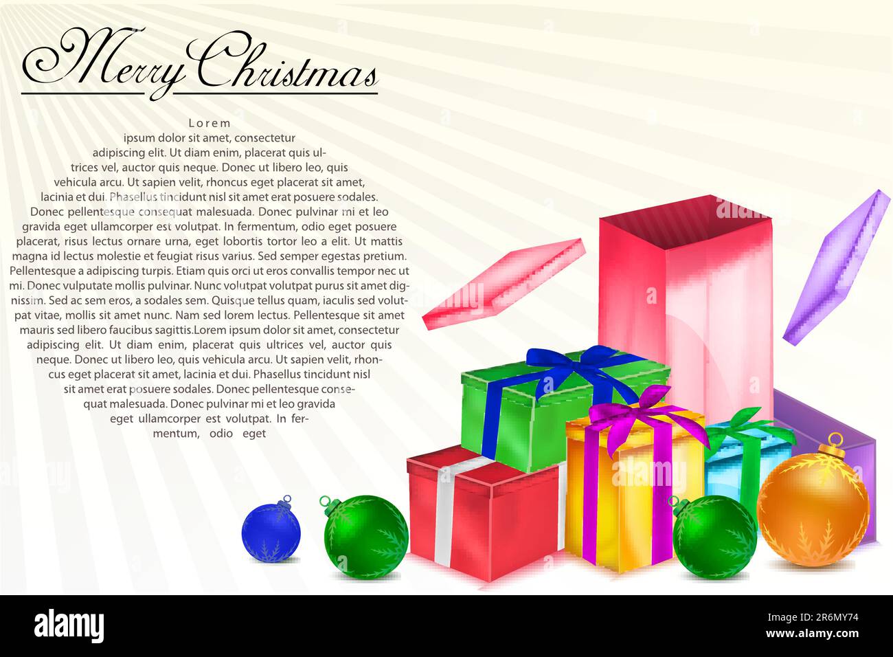 illustration of christmas gift boxes and decorative balls with sample ...