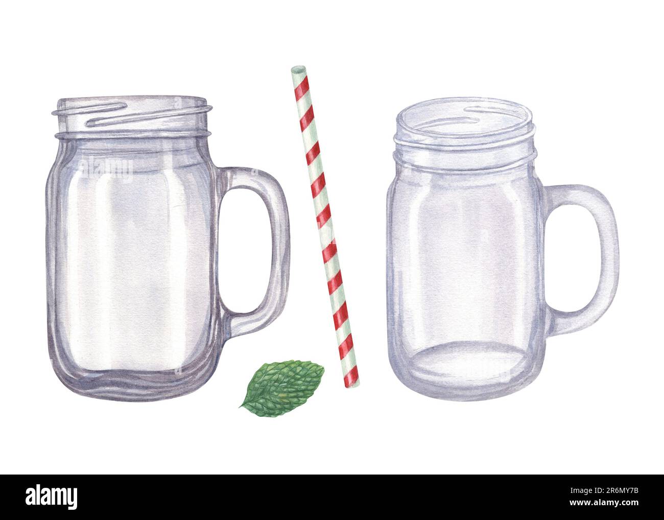 Watercolor illustration of empty glass jars, drinking straw and mint ...