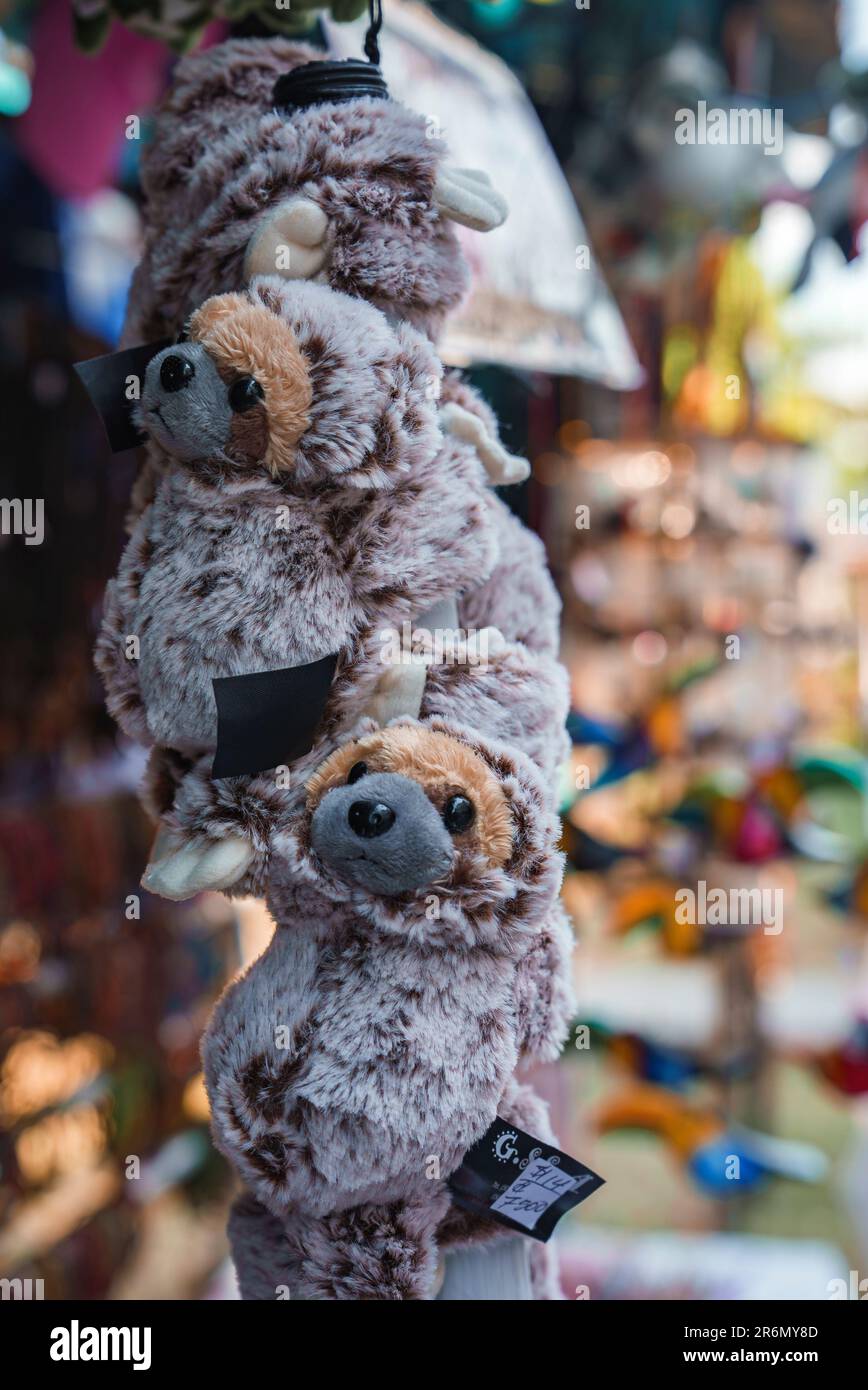 Beautiful soft toys hanging in display for sale on souvenirs shop at ...
