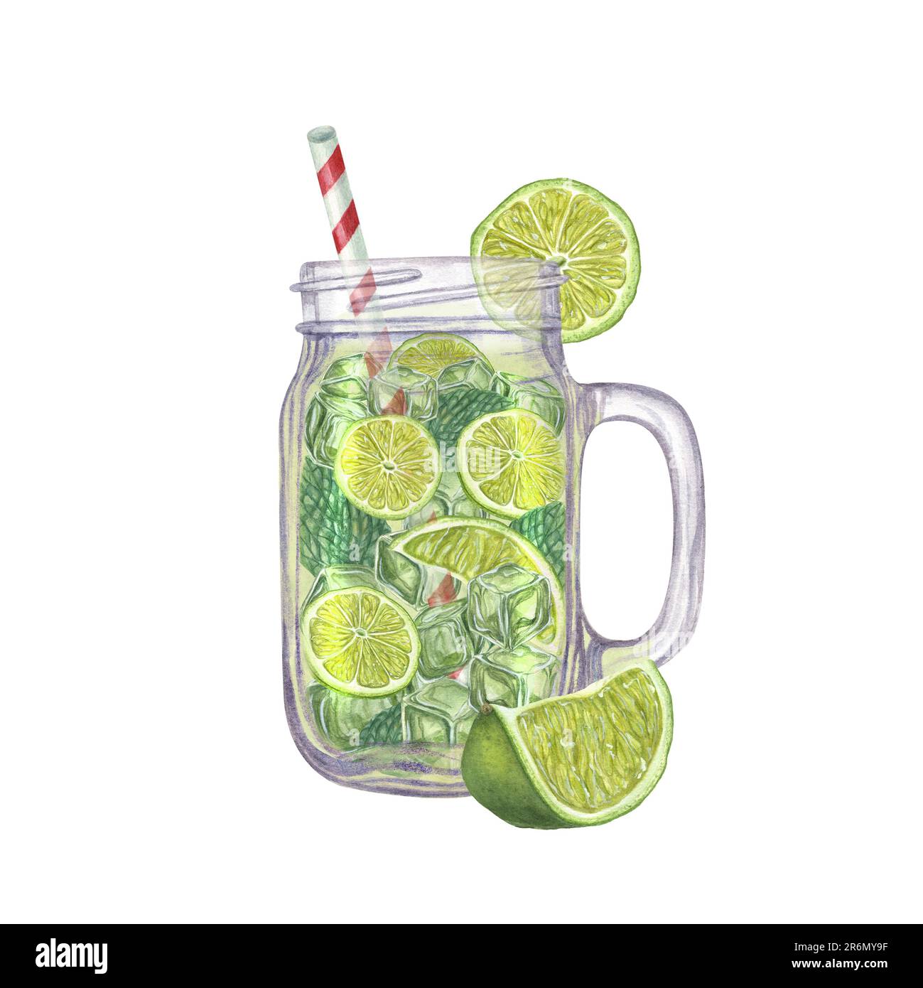 Watercolor summer refreshing mojito isolated on white background. Lime slices, Mint leaves, Ice ...