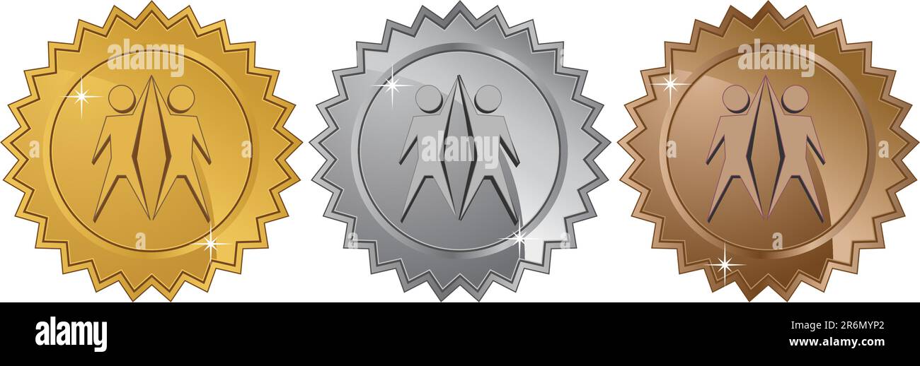 Teamwork symbol - set of 3 in gold, silver, bronze coins in a seal ...