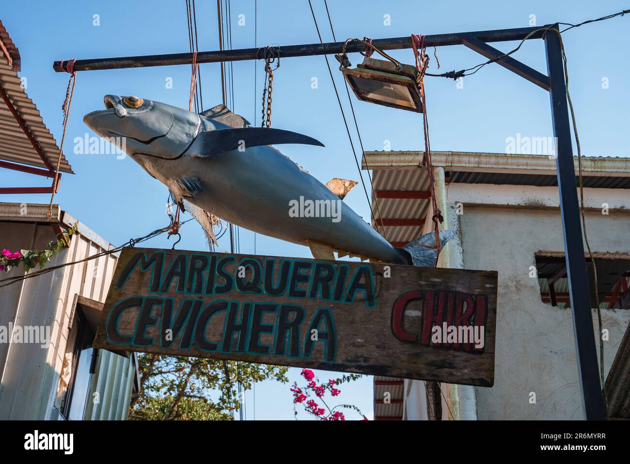Figurine with message written on wooden sign advertising fish for sale ...
