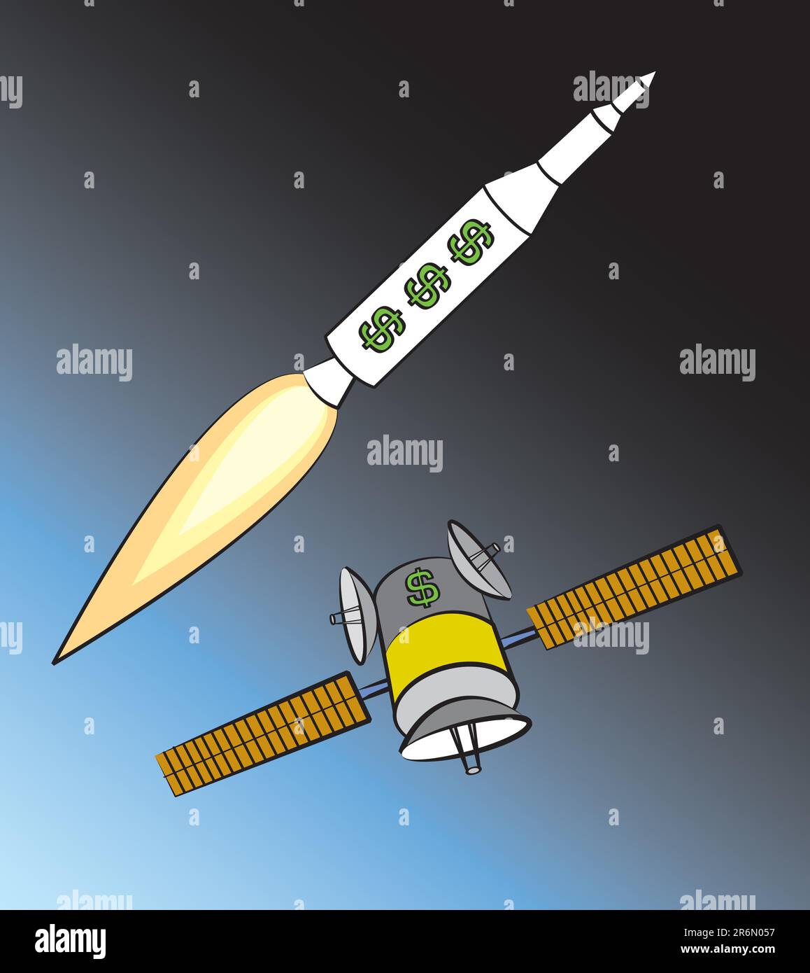 Rocket and satellite with dollar signs as identifying marks. Rocket ...