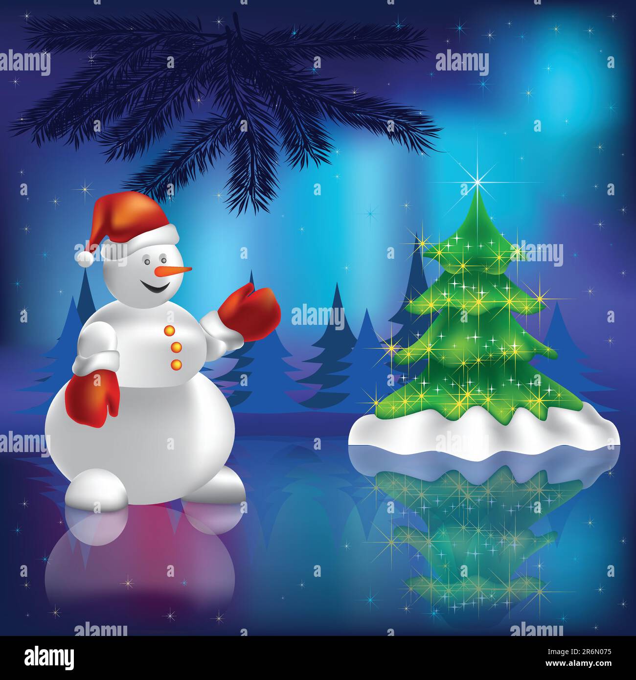 Christmas tree and snowman in the woods Stock Vector Image & Art - Alamy