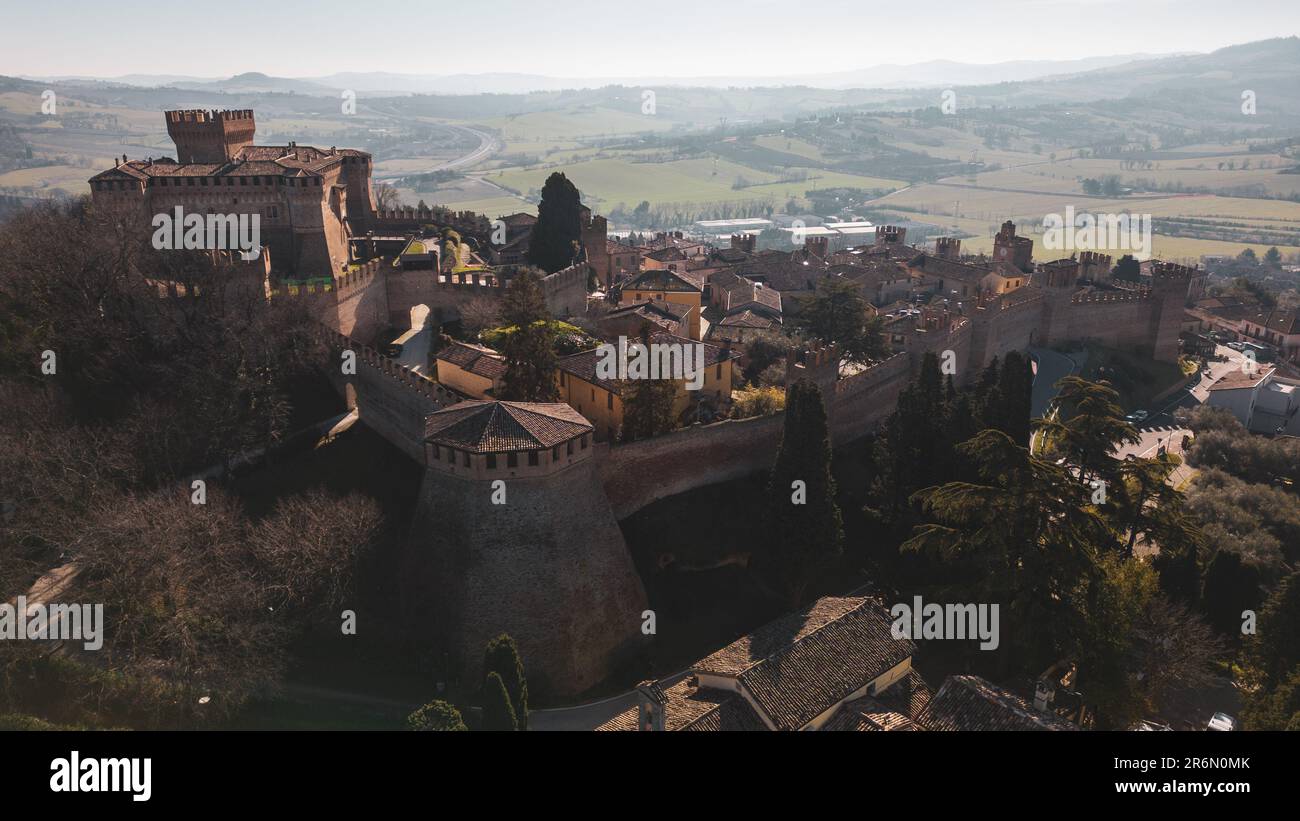 An aerial view of the medieval village of Gradara in the Province of ...