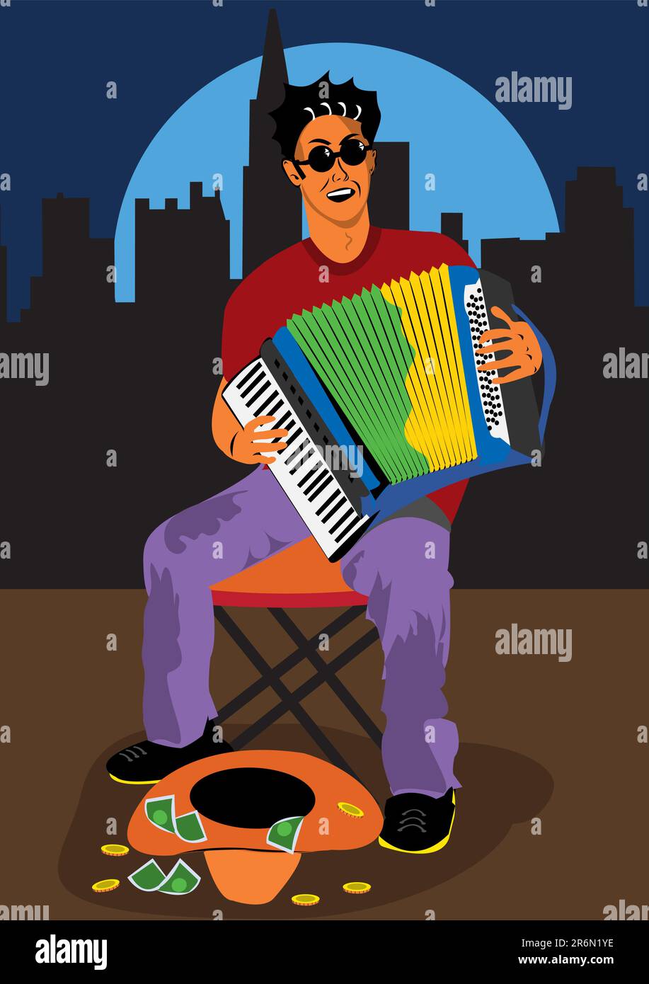 Vector illustration of a man sitting outside playing accordion and ...