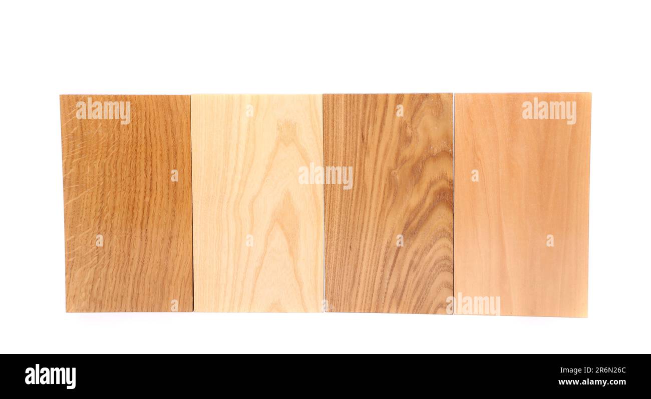 Top four boards (oak, eim, acacia, lime). Isolated over white background. Close-up Stock Photo ...