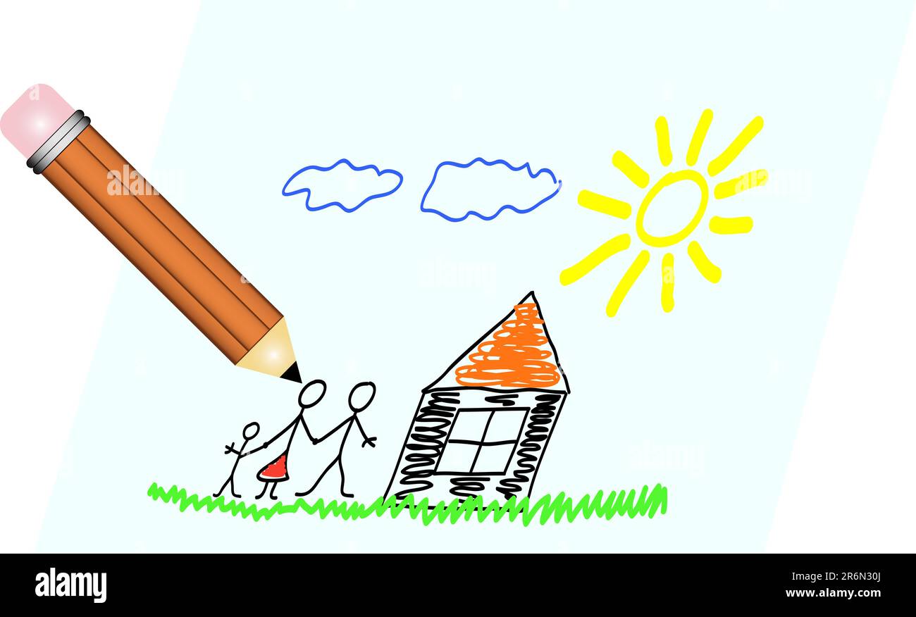 Picture of drawing of family, house, sun and sky Stock Vector Image ...