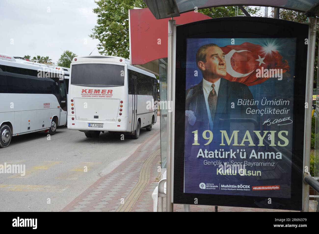 Kemer, Turkey - May 27, 2023 - Bus stop with Kemal Atatürk picture ...