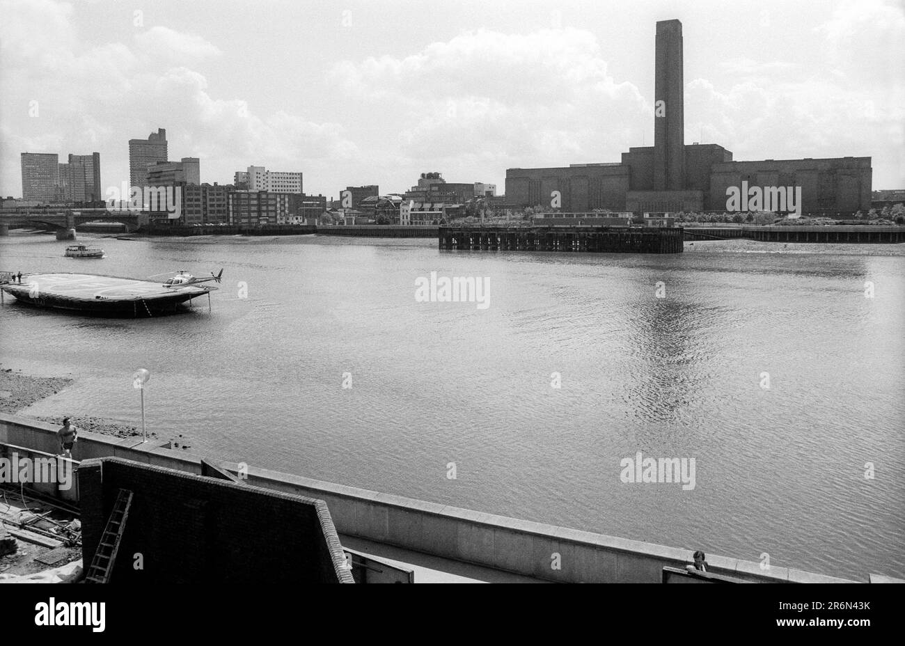 1986 archive photograph of heliport on River Thames opposite Bankside ...