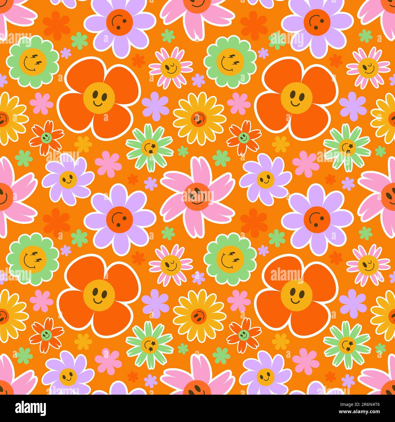 Groovy flower seamless pattern. Y2k floral smile background. Cartoon ...
