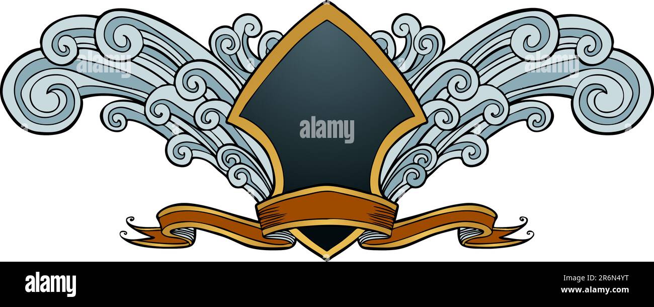 Hand drawn artsy pattern of waves and wings with crest symbol Stock ...