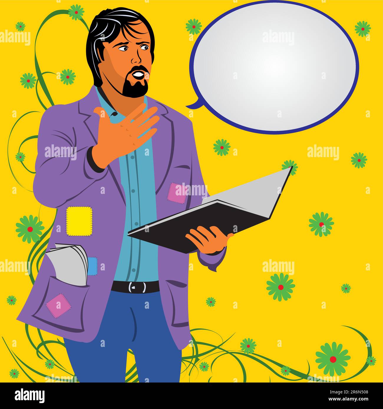 Vector illustration of a young man reading a poetry with a comic ...