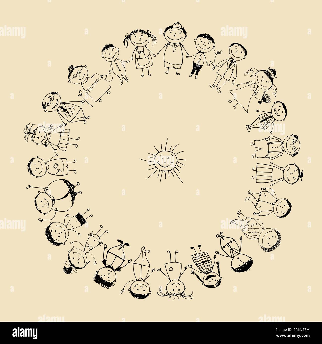 Happy big family smiling together, drawing sketch Stock Vector Image ...