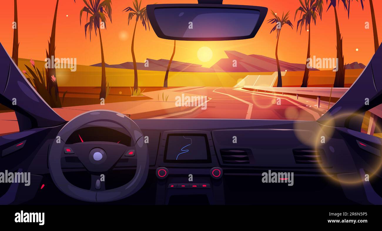 Sunset road with inside car dashboard view summer vector background ...
