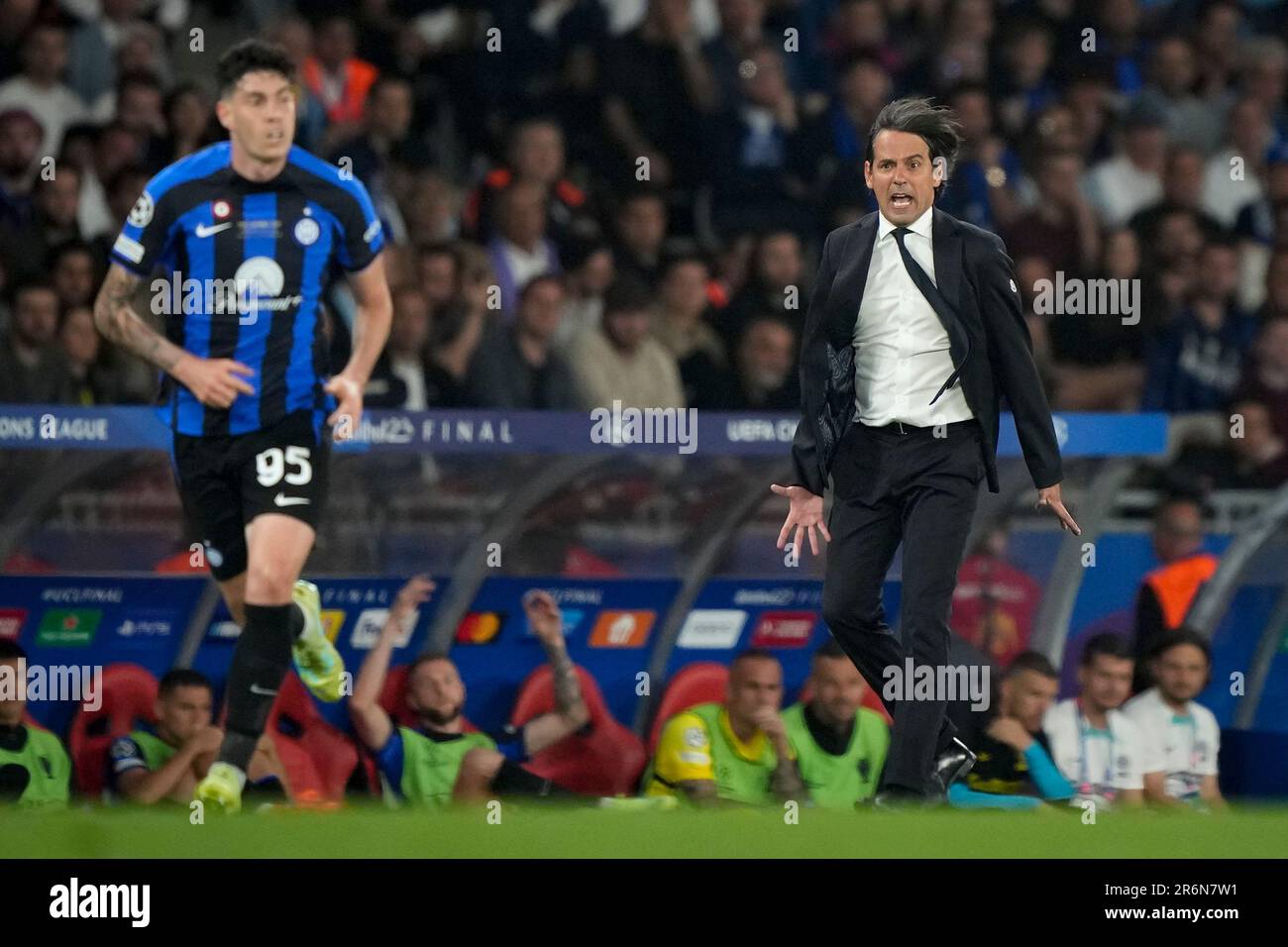 Inter Milan's head coach Simone Inzaghi shouts during the Champions League final soccer match ...