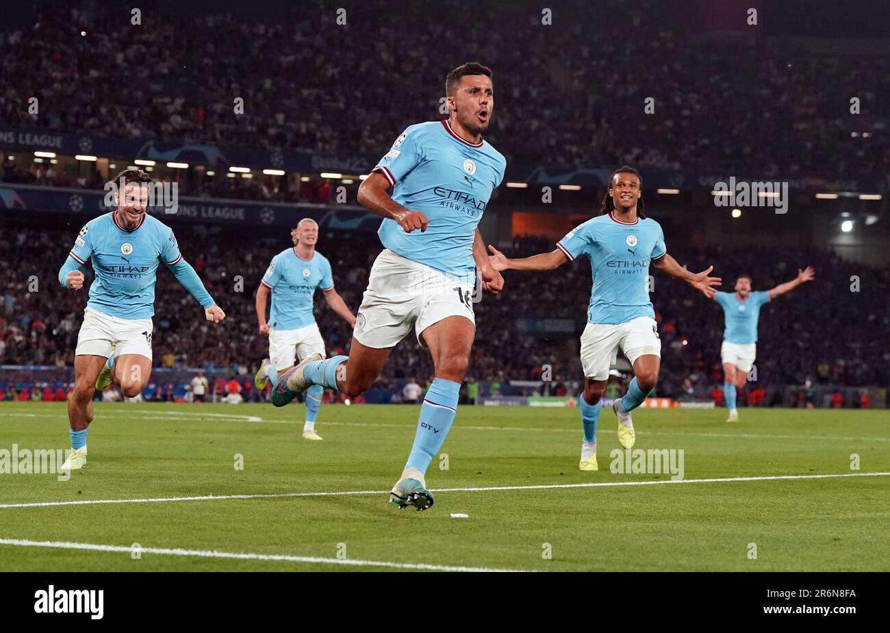 Manchester City's Rodri celebrates scoring the opening goal during the ...