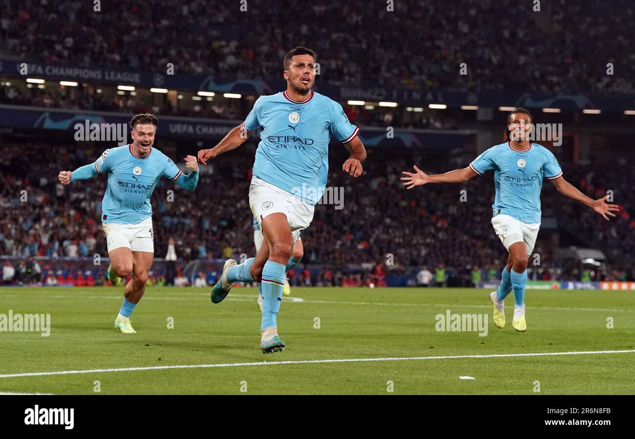 Manchester City's Rodri celebrates scoring the opening goal during the ...