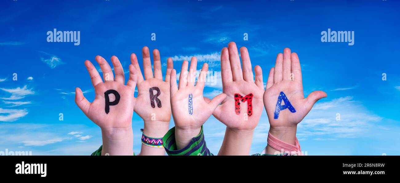 Children Hands Building Word Prima Means Super, Blue Sky Stock Photo ...