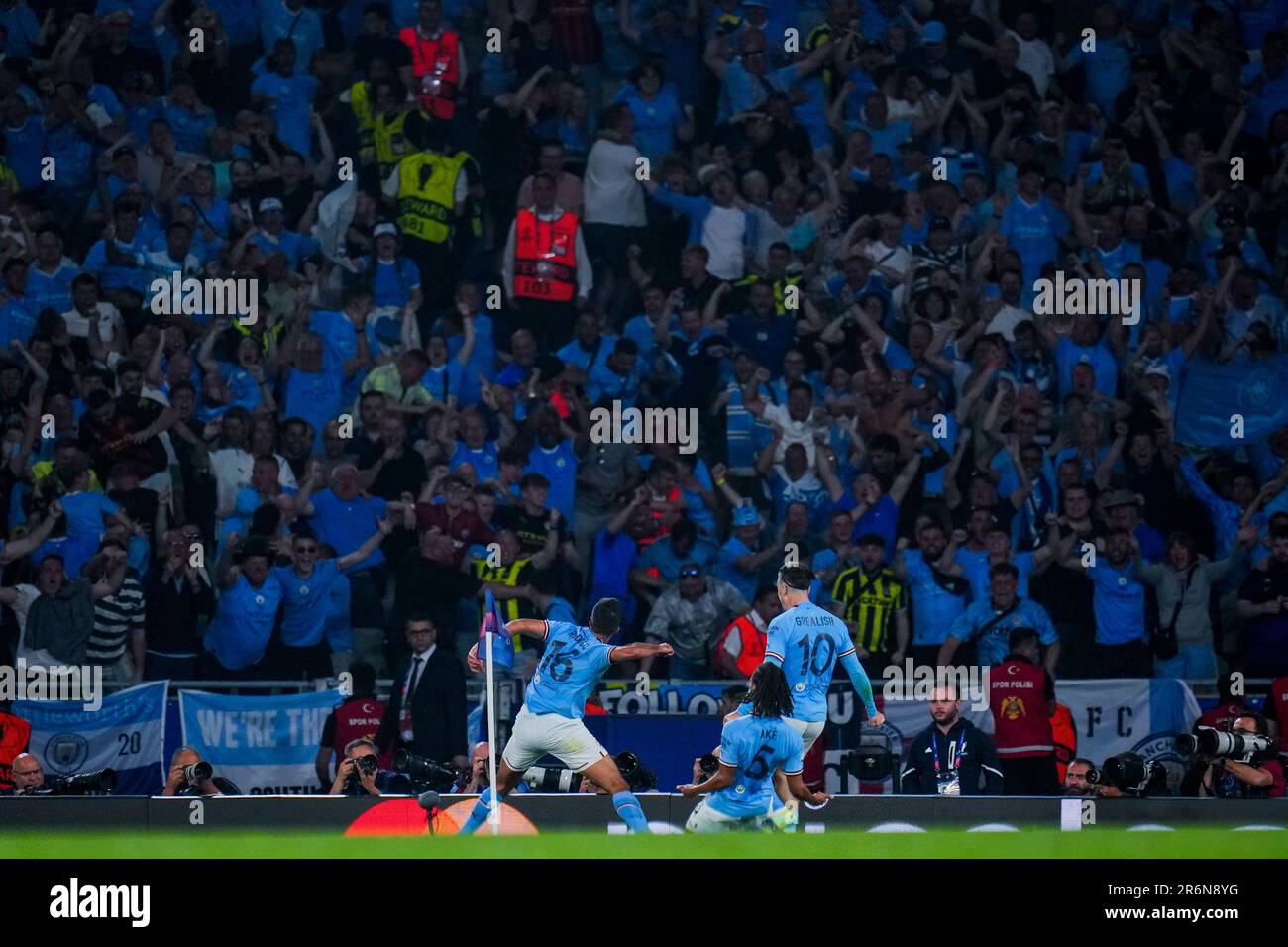 Manchester City's Rodrigo, left, celebrates after scoring his side's ...
