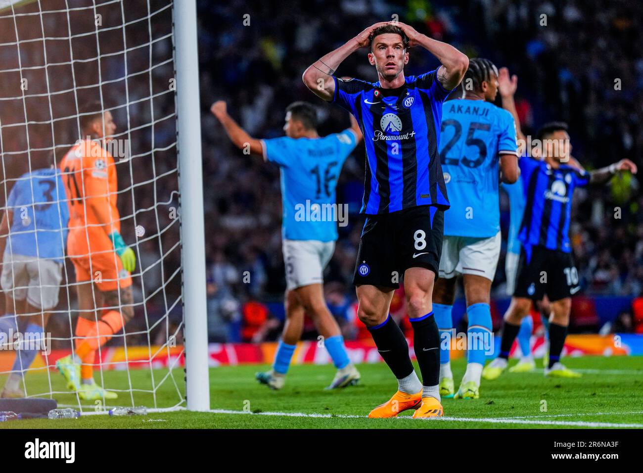 Inter Milan's Robin Gosens, center, gestures during the Champions ...