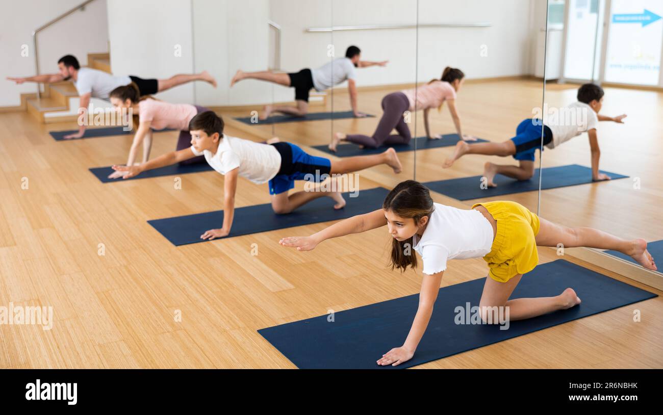 Kids and parents doing bird dog exercise in gym Stock Photo - Alamy