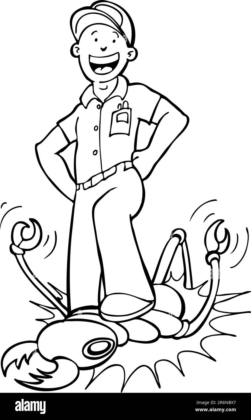 Cartoon image of exterminator killing termites - black and white Stock ...