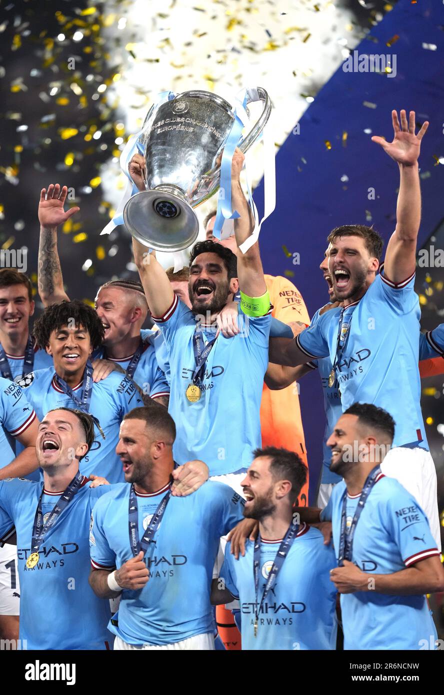 Manchester City's Ilkay Gundogan lifts the UEFA Champions League Trophy ...