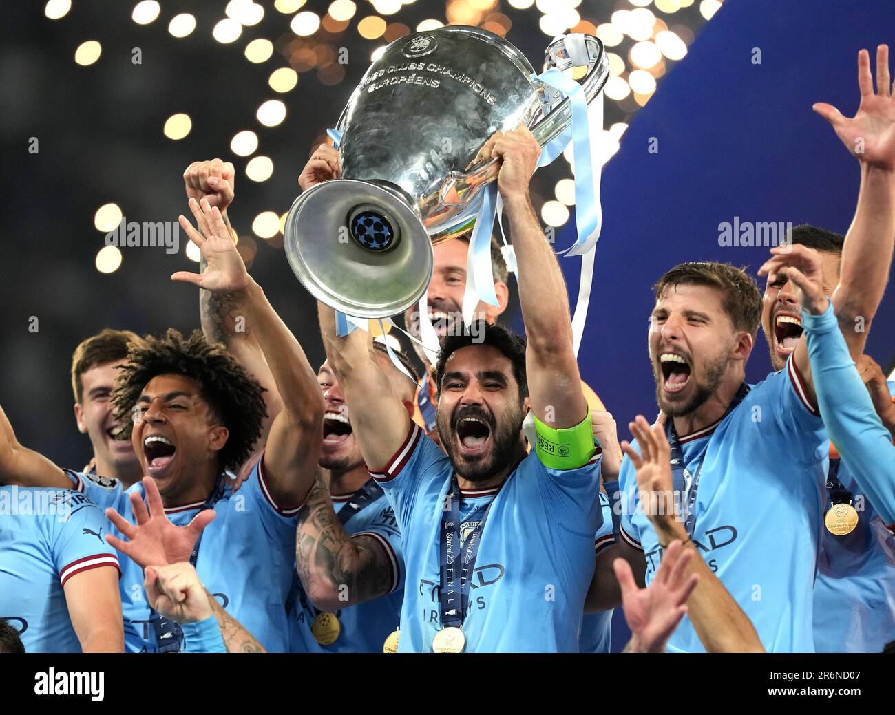 Manchester City's Ilkay Gundogan lifts the UEFA Champions League Trophy ...