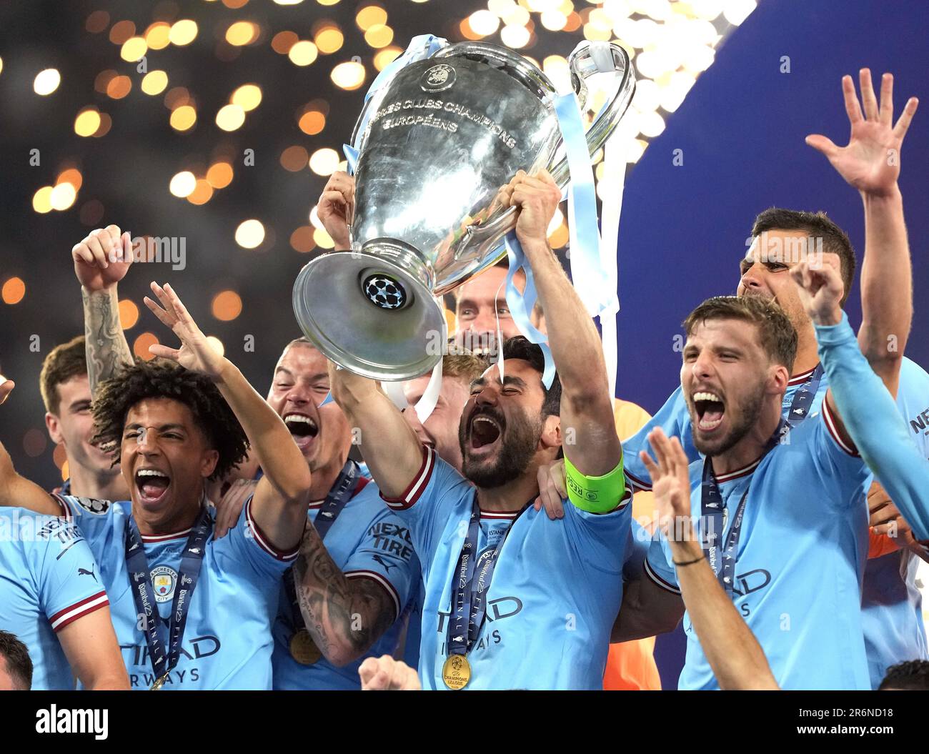 Manchester City's Ilkay Gundogan lifts the UEFA Champions League Trophy ...