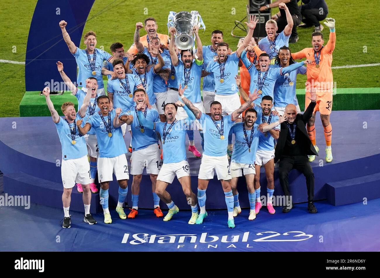 Manchester City's Ilkay Gundogan lifts the UEFA Champions League Trophy ...