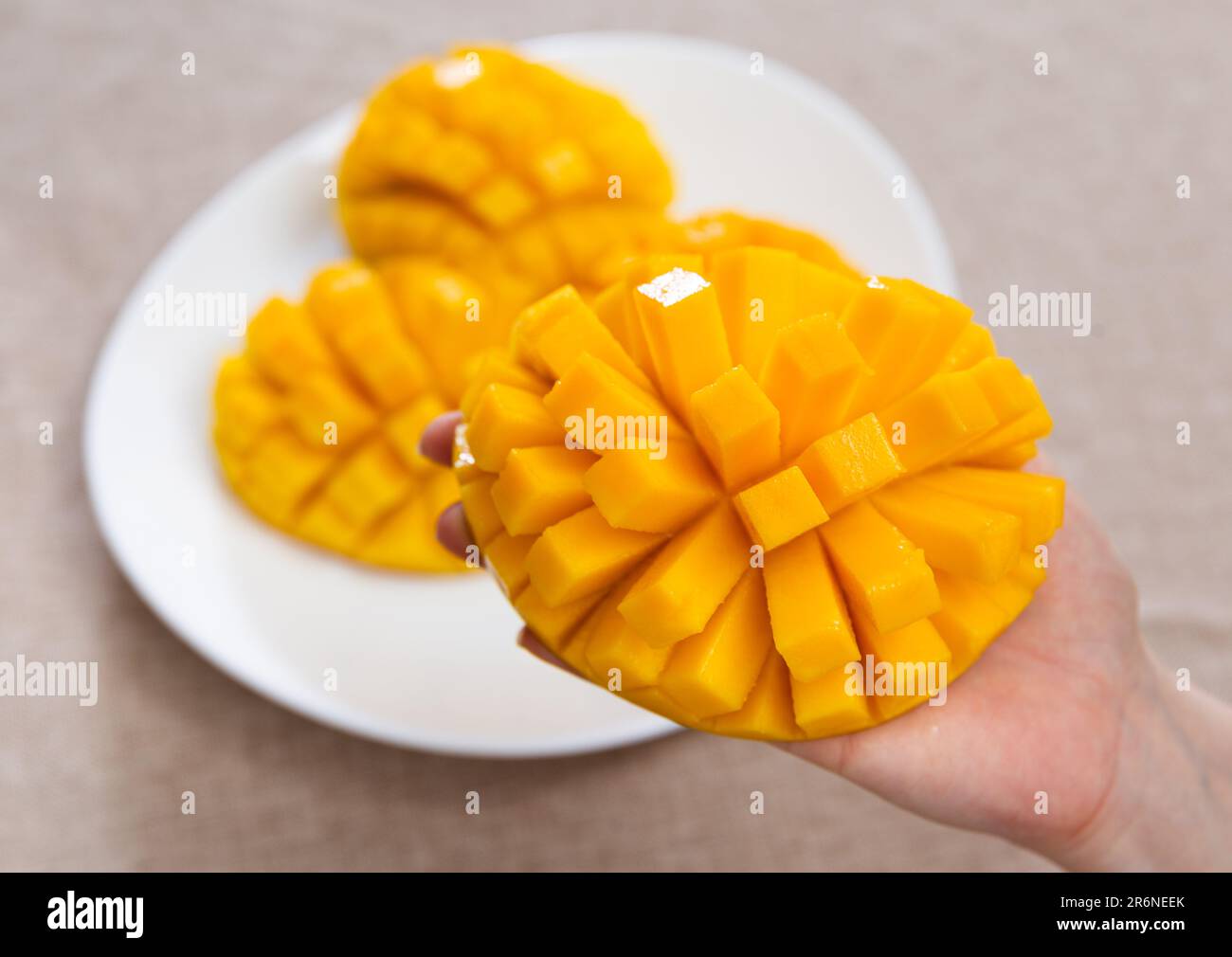 Deliciously served fresh mangoes diced and laid out on plate Stock ...