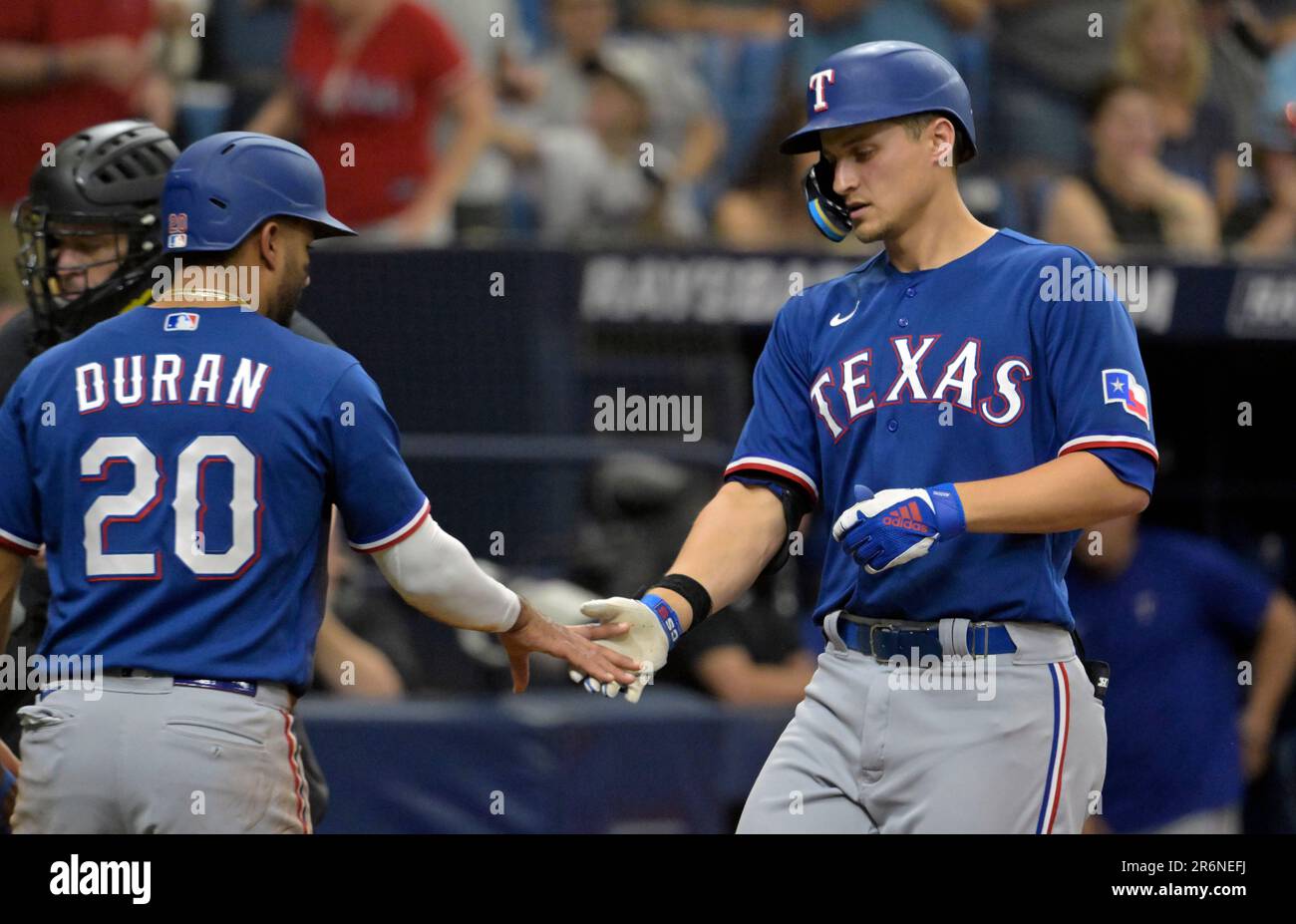 Texas Rangers' Ezequiel Duran (20) congratulates Corey Seager after ...