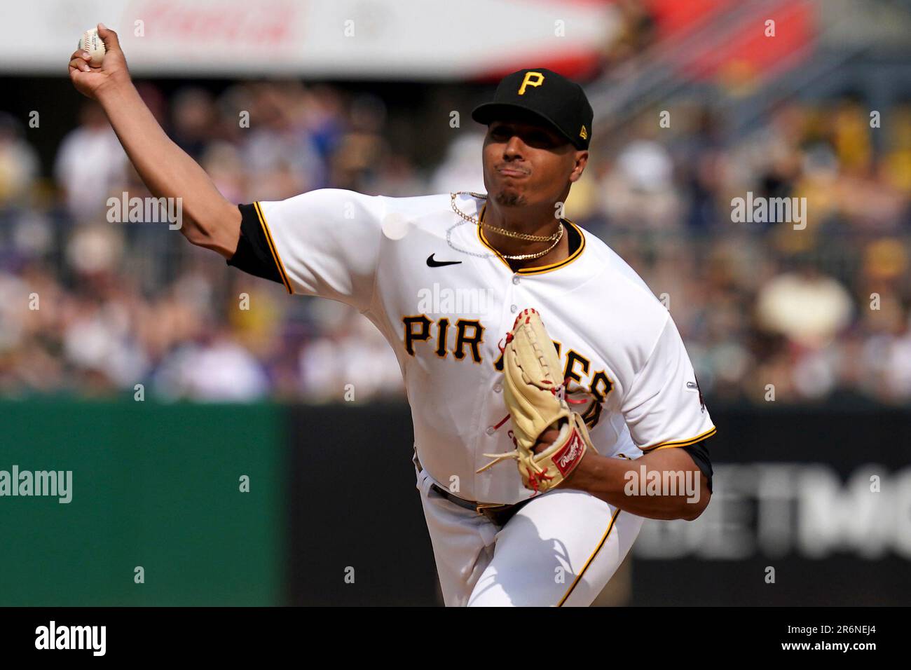 Pittsburgh Pirates starting pitcher Johan Oviedo throws against the New ...
