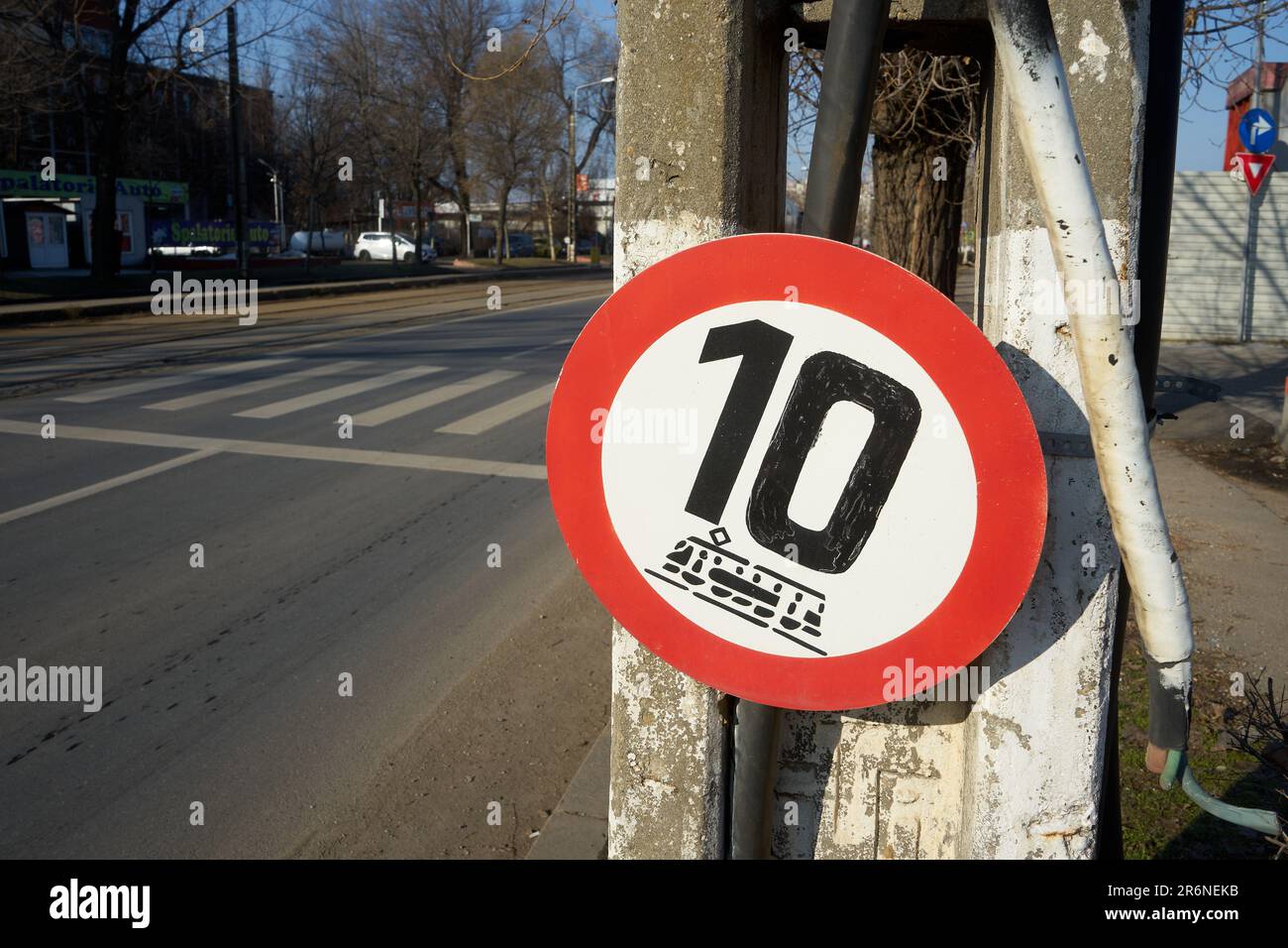 Bucharest, Romania - February 13, 2023: A 10 km/h speed limit sign for ...